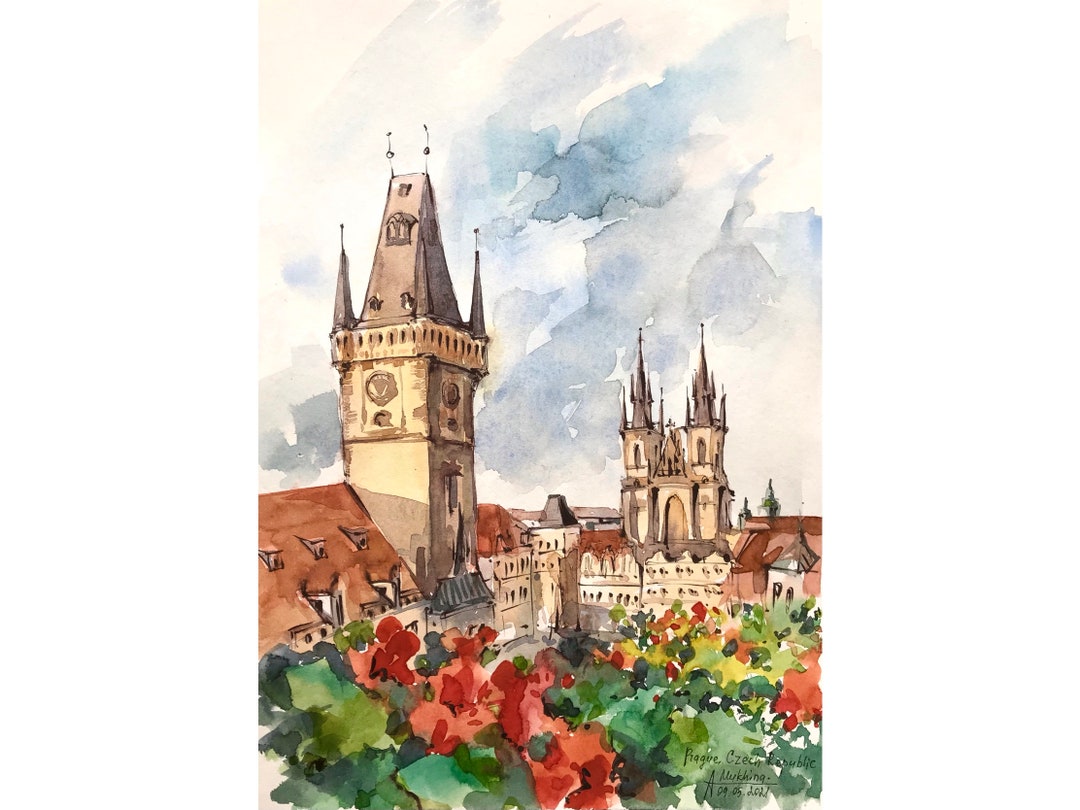 Prague Art Watercolor Original Painting Czech Europe City Architecture ...
