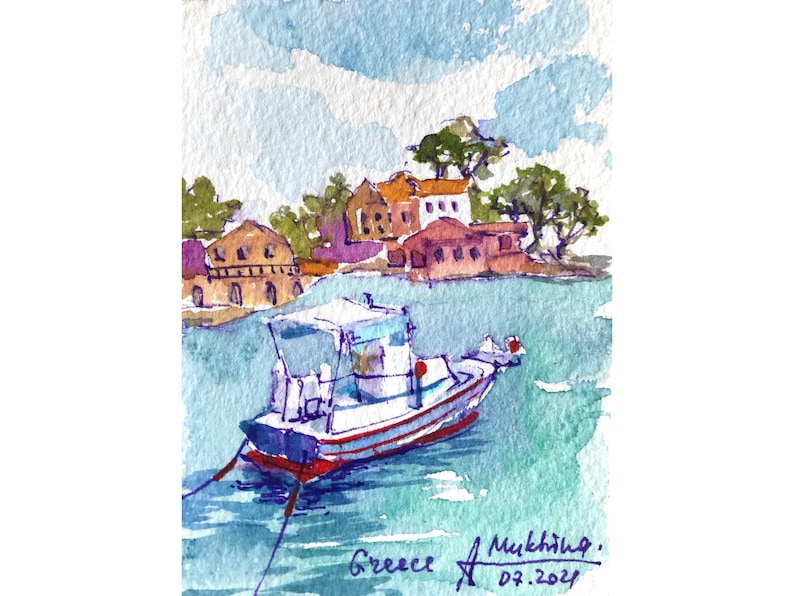 Greece Art ACEO Small Watercolor Boat Painting Hand Painted Miniature ...