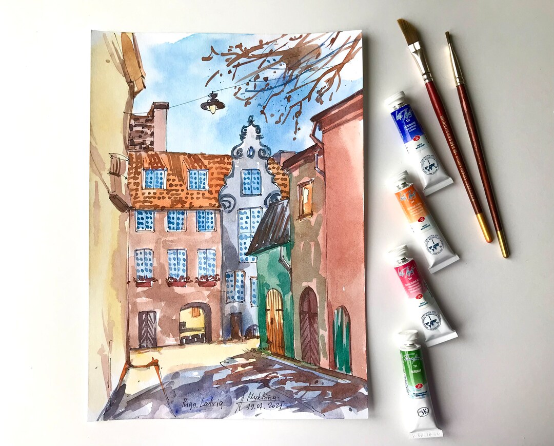 Latvian Art Riga Painting Original Watercolor Swedish Gate Cityscape ...