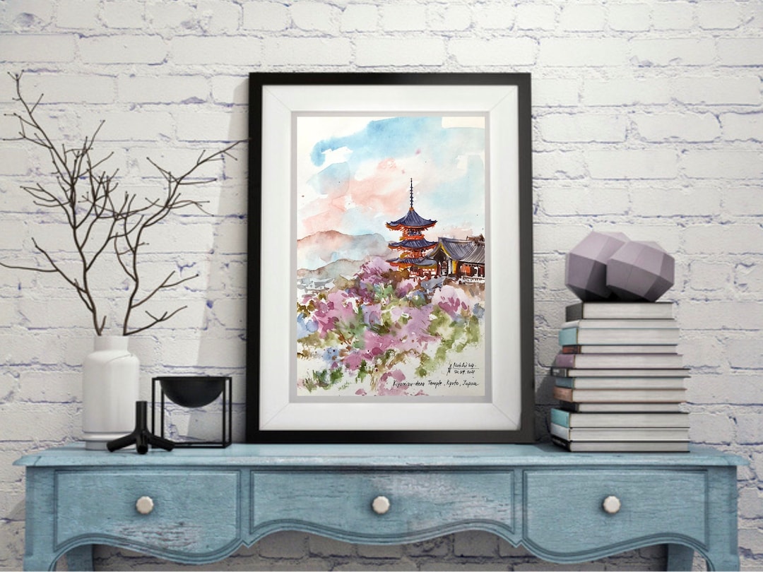 Japanese Watercolor Painting Kyoto Kiyomizudera Temple Sakura Blooming ...