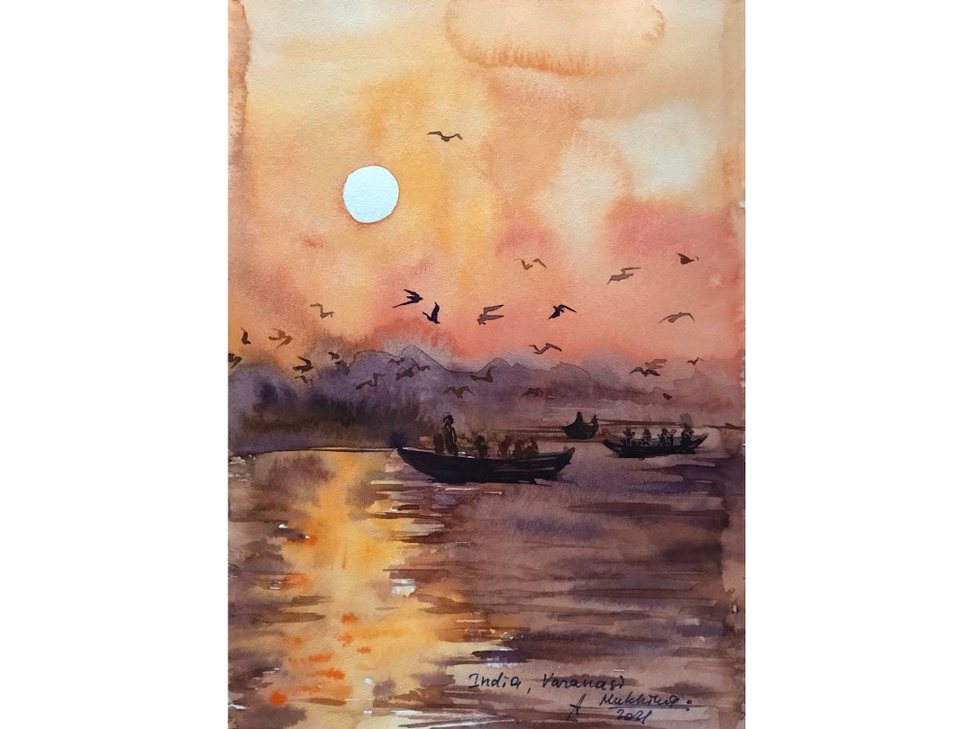 Indian Watercolor Varanasi Art Original Painting Sunset Ganges River ...