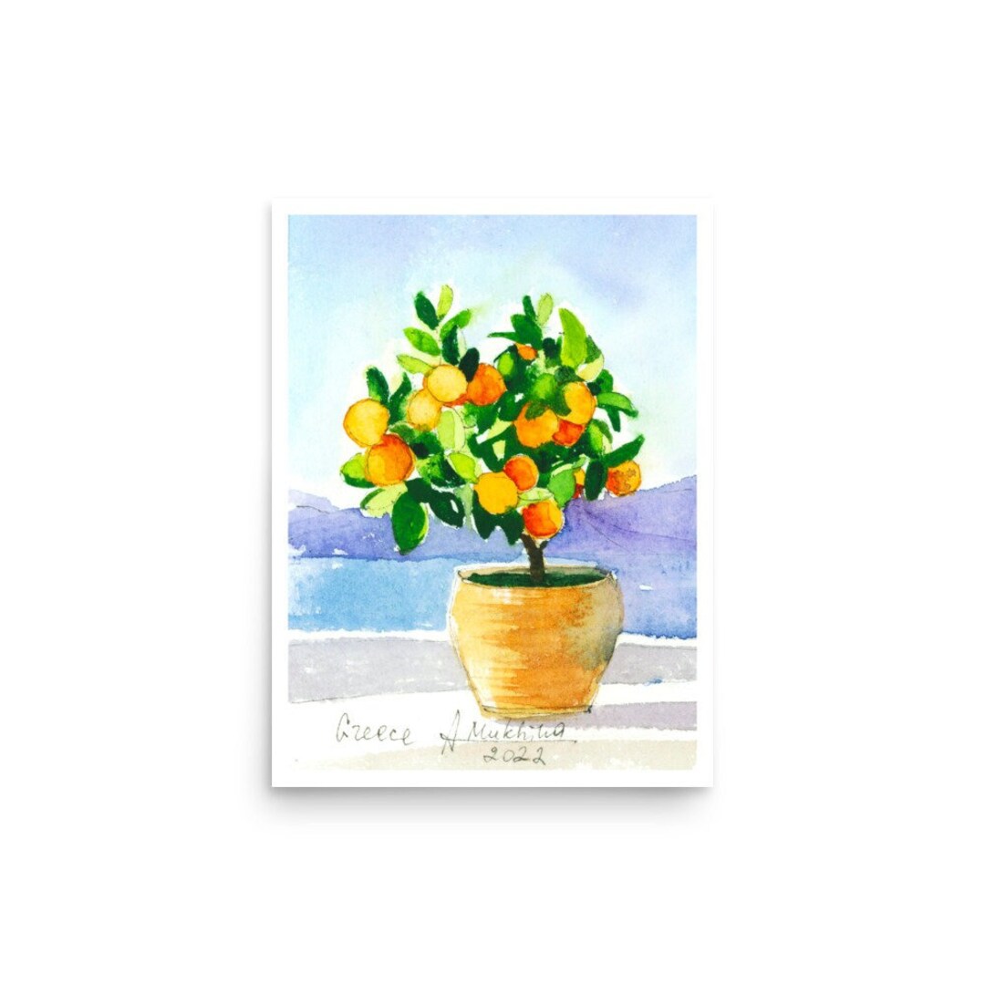 Greece Poster Orange Tree Watercolor Wall Art Print From Original ...