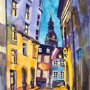 Latvian Art Riga Night Street Painting Original Watercolor Europe Urban ...
