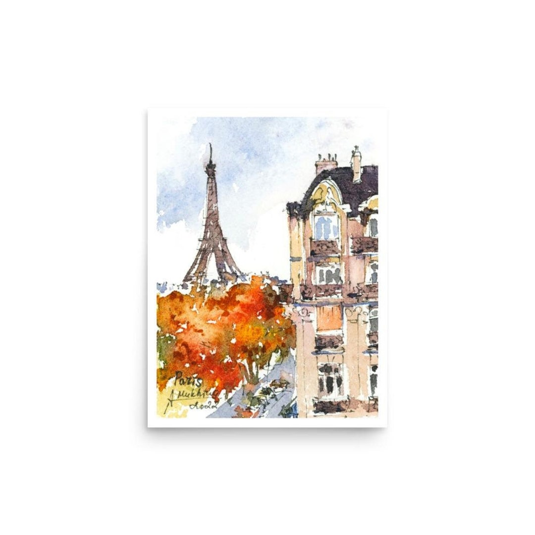 Paris Watercolor France Poster Eiffel Tower Fall Colors Autumn Day Art ...