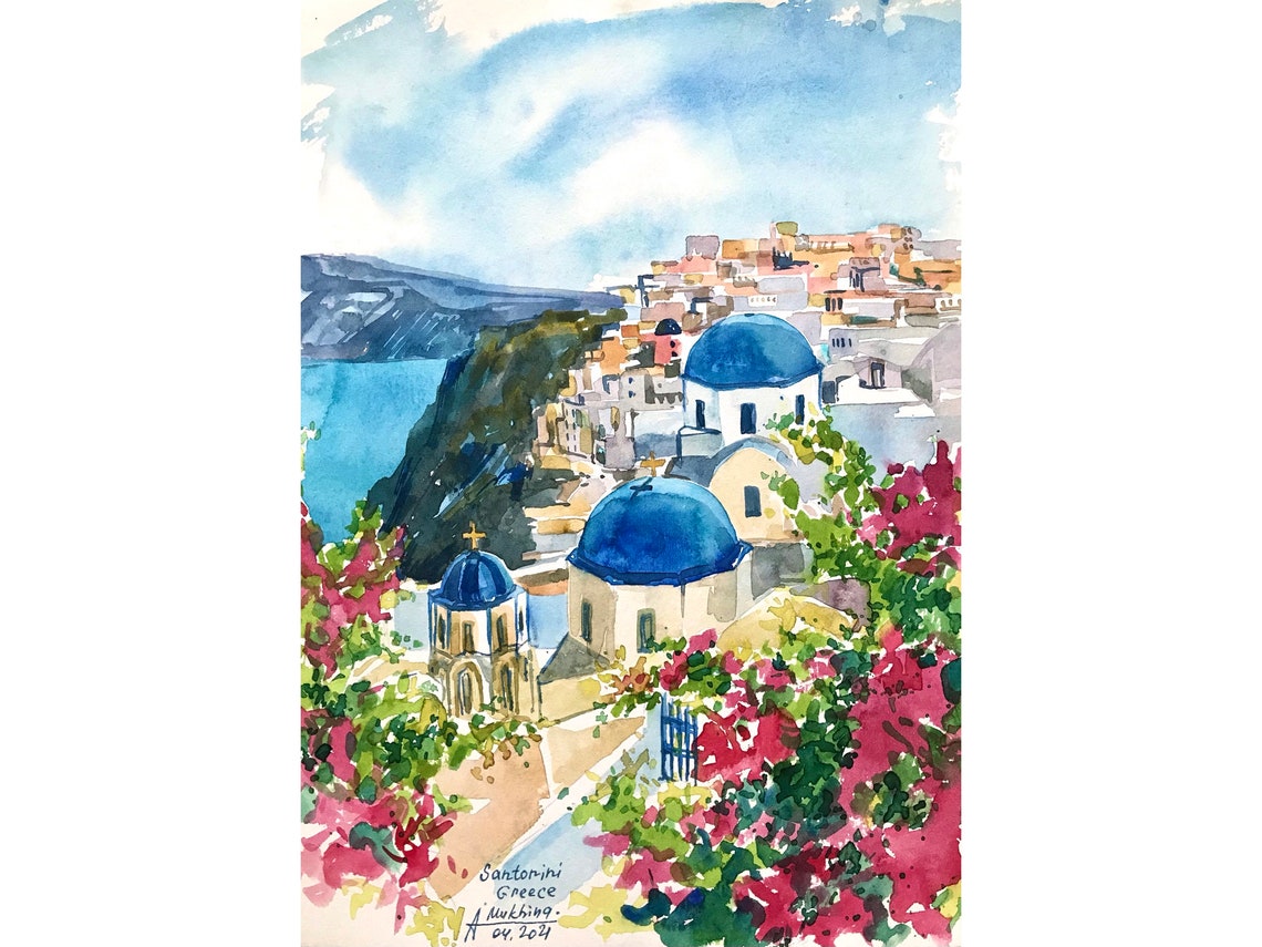 Santorini Watercolor Greece Original Painting MADE TO ORDER Travel ...