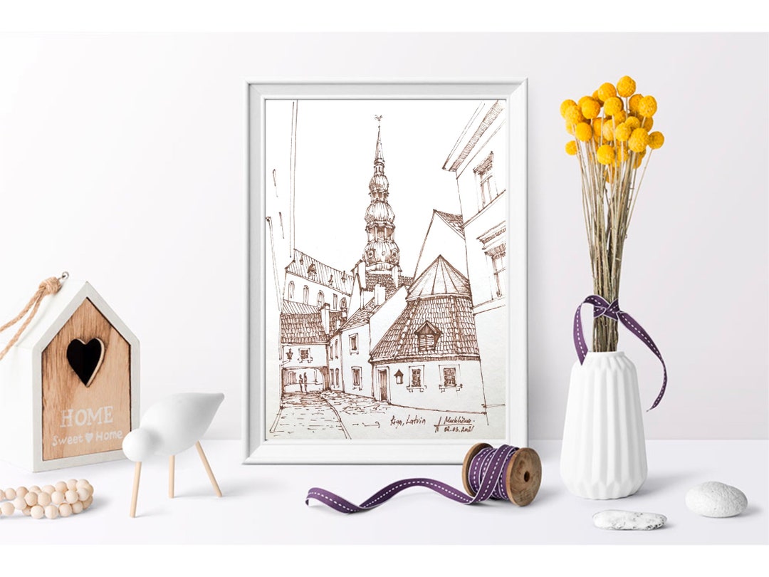 Latvian Art Original Drawing Riga Art St.peters Church European ...