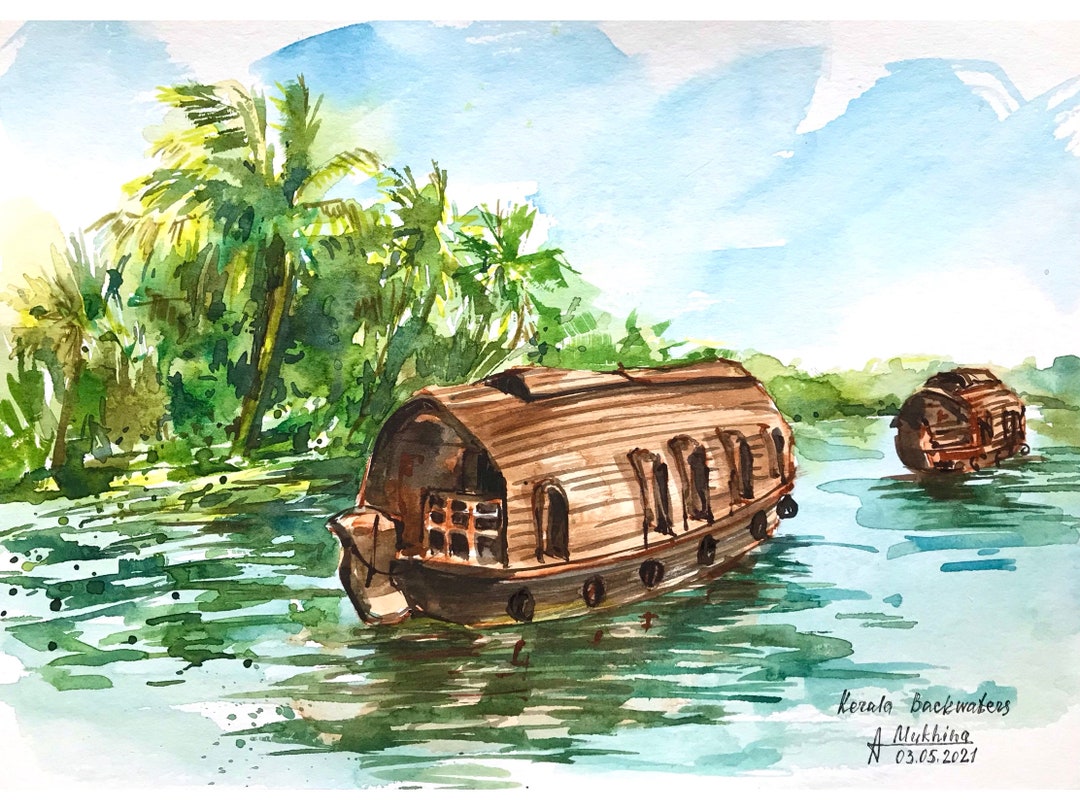Indian Art Original Watercolor Kerala Backwaters Painting Boat Indian ...