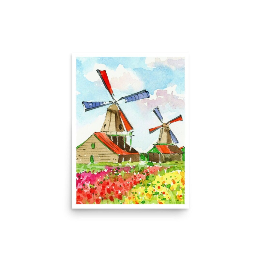 Holland Windmills Poster Netherlands Art Print From Original Hand ...