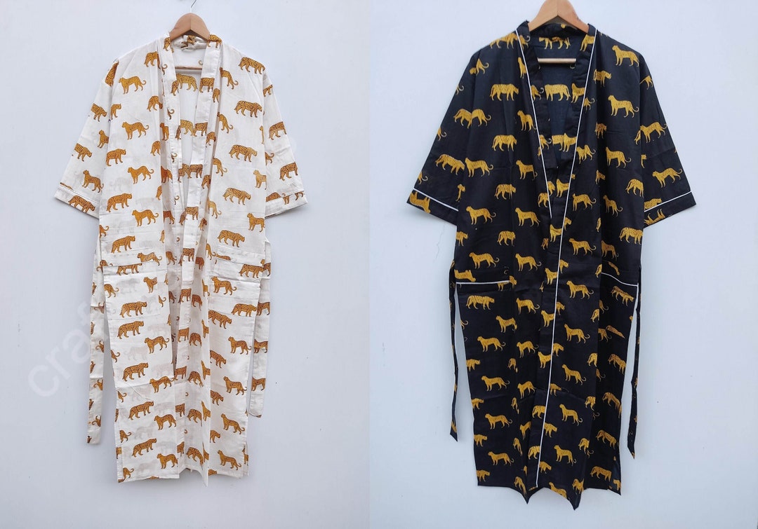 Tiger Print Cotton Kimono,handmade Cover up Bath Robes,beach Wear Dress ...