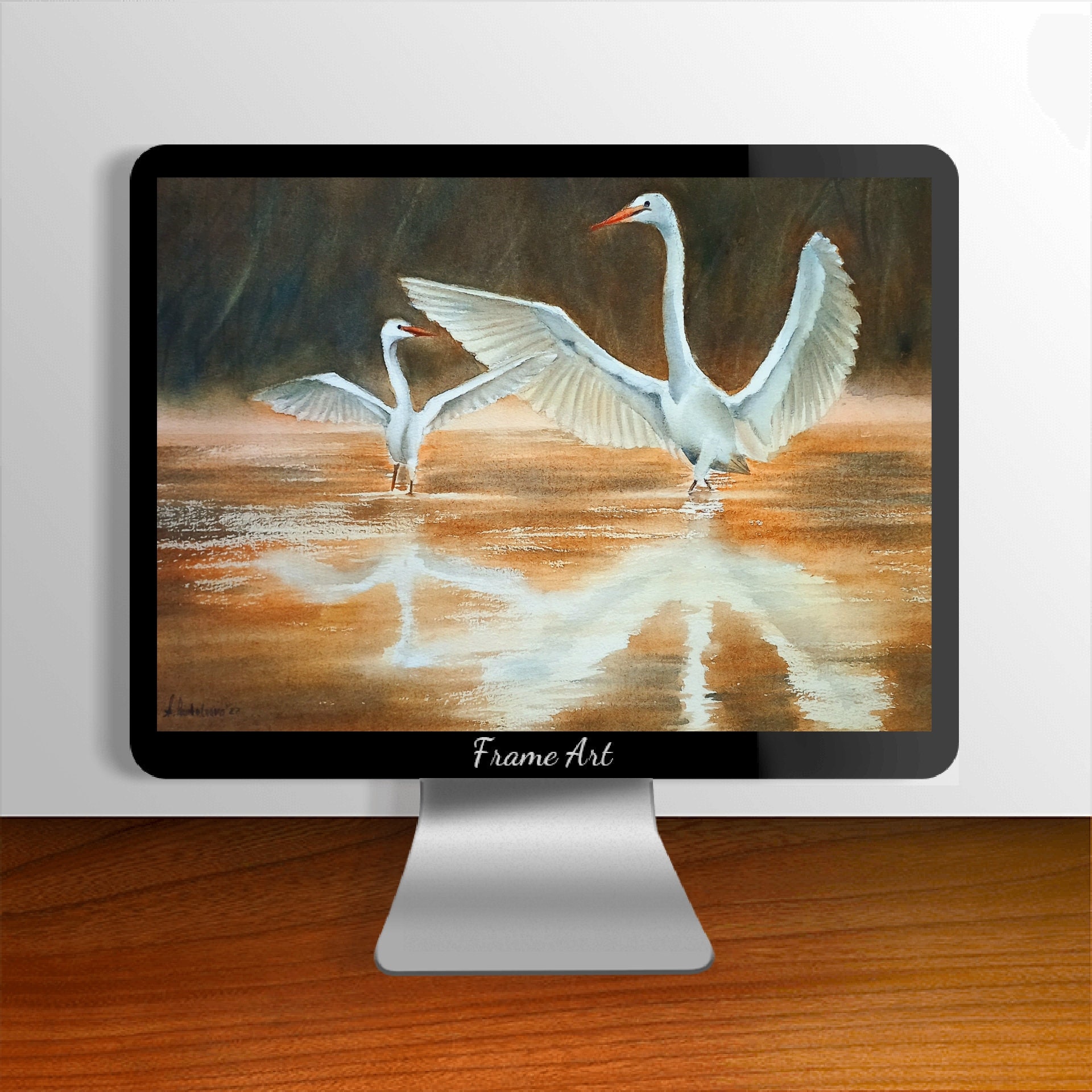 White Great Egret Original Abstract Landscape Watercolor Painting Snowy ...