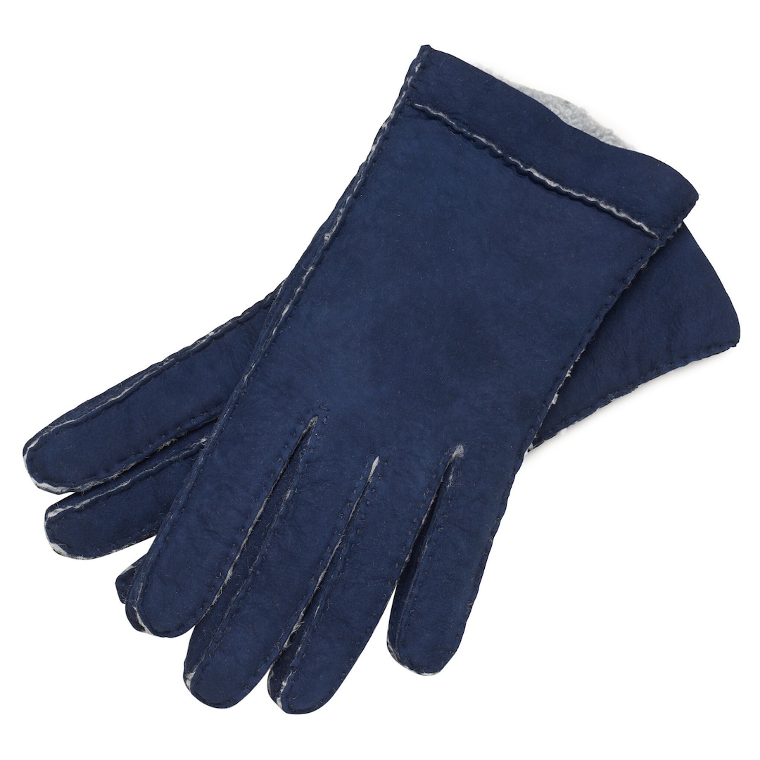 Madonna - Women's Shearling Gloves in Navy Blue Sheepskin Leather - Etsy