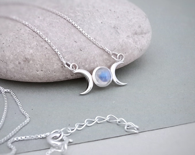 Triple Moon Necklace in Sterling Silver and Blue Moonstone, 3 Moons ...