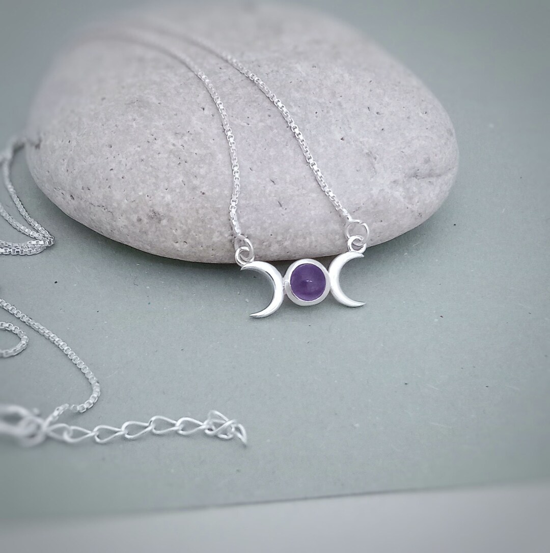 Triple Moon Necklace in Sterling Silver and Amethyst, 3 Moons Wiccan ...