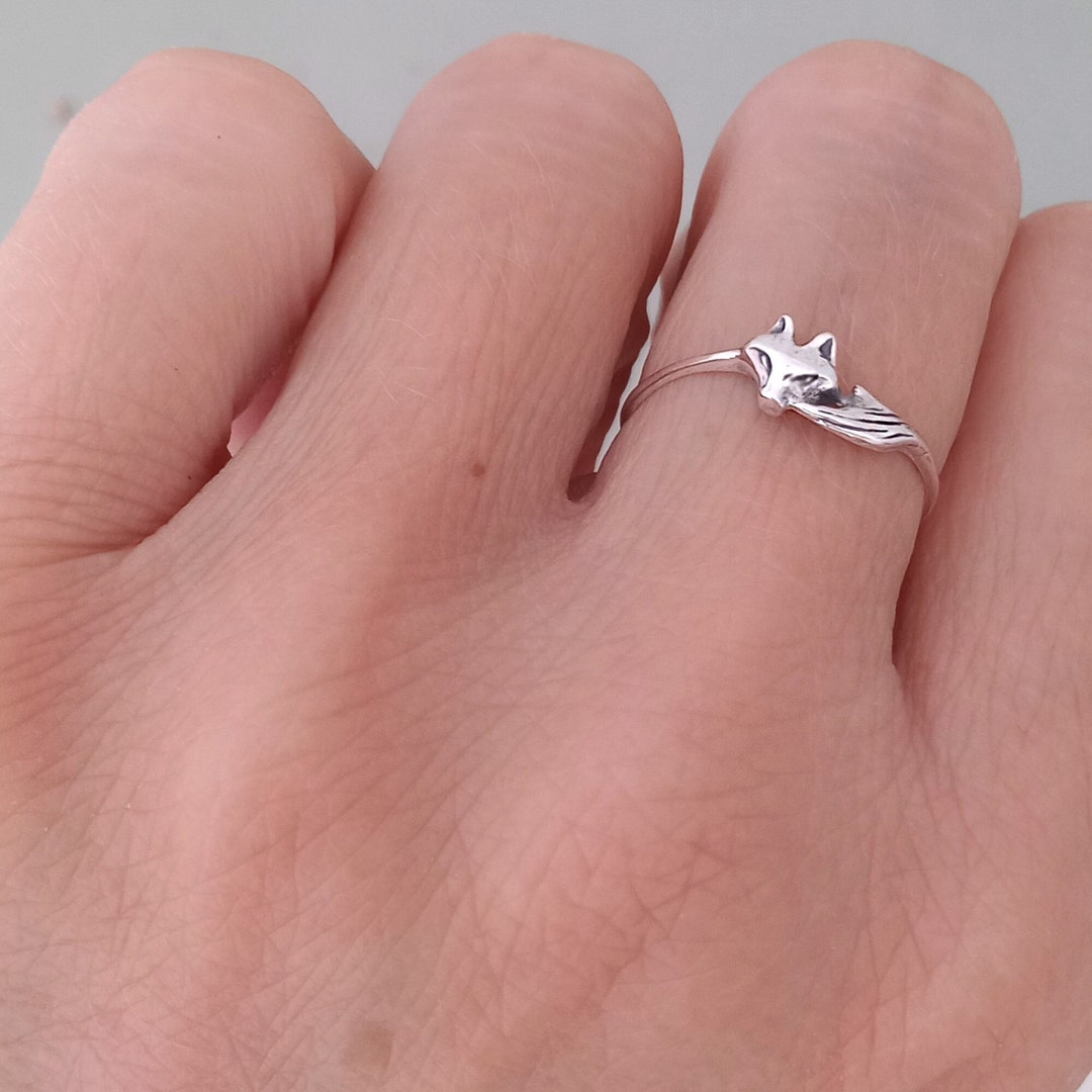 Tiny Fox Ring in Sterling Silver, Dainty Vixen Finger Ring With Fluffy ...