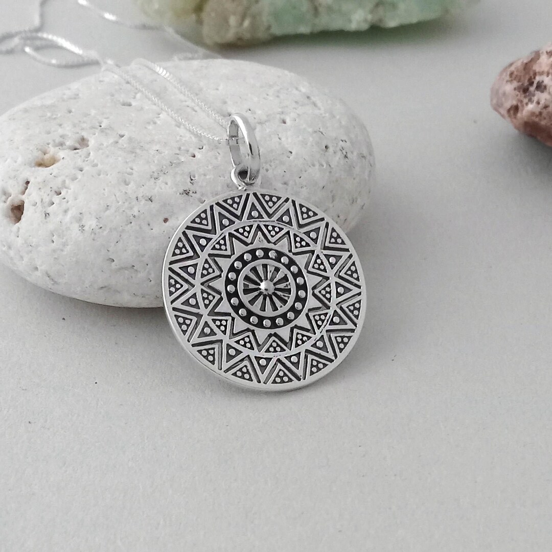 Large Mandala Disc Pendant in Sterling Silver, Aztec Style Mandala ...