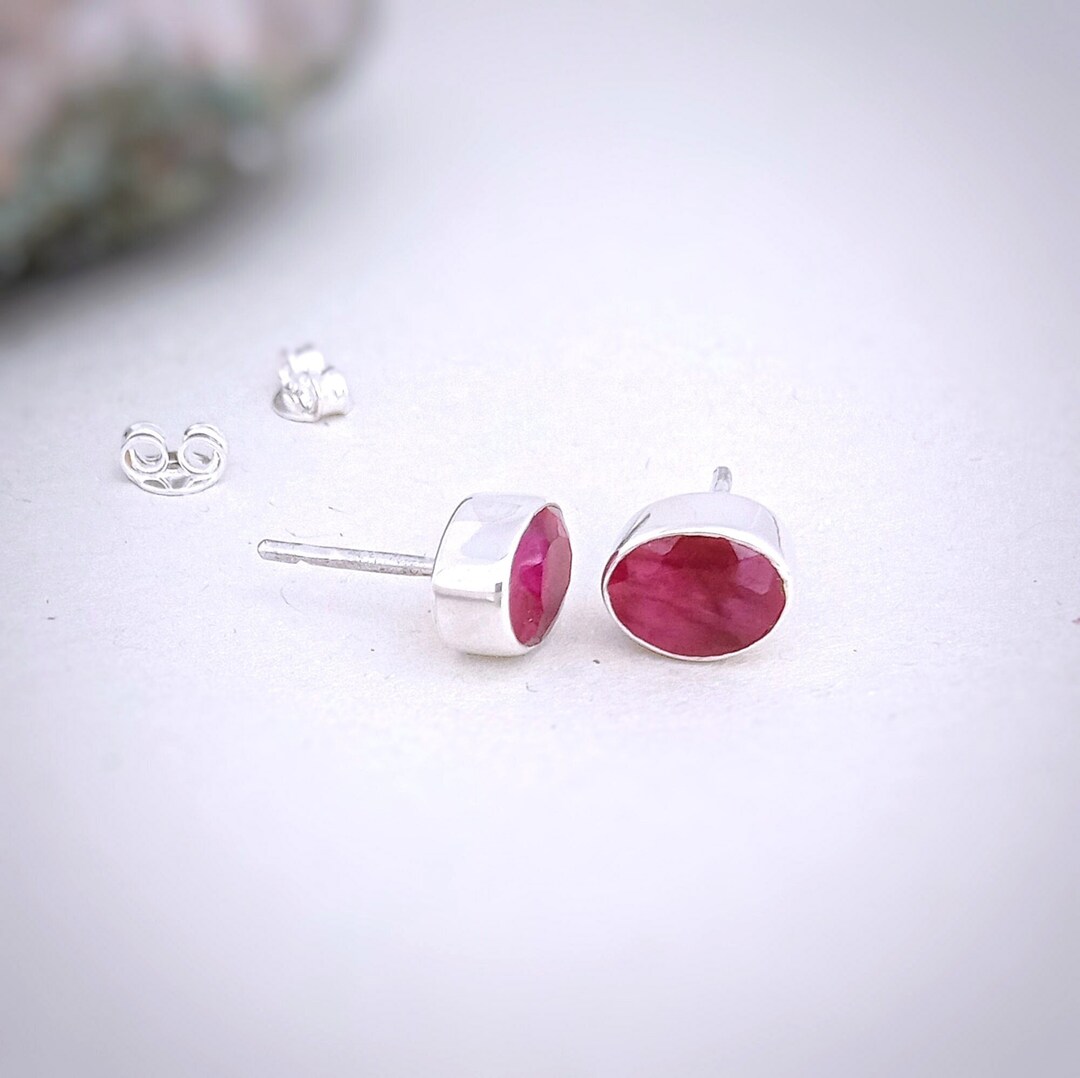 Oval Ruby Stud Earrings in Sterling Silver, Large Dark Red Ruby Post ...