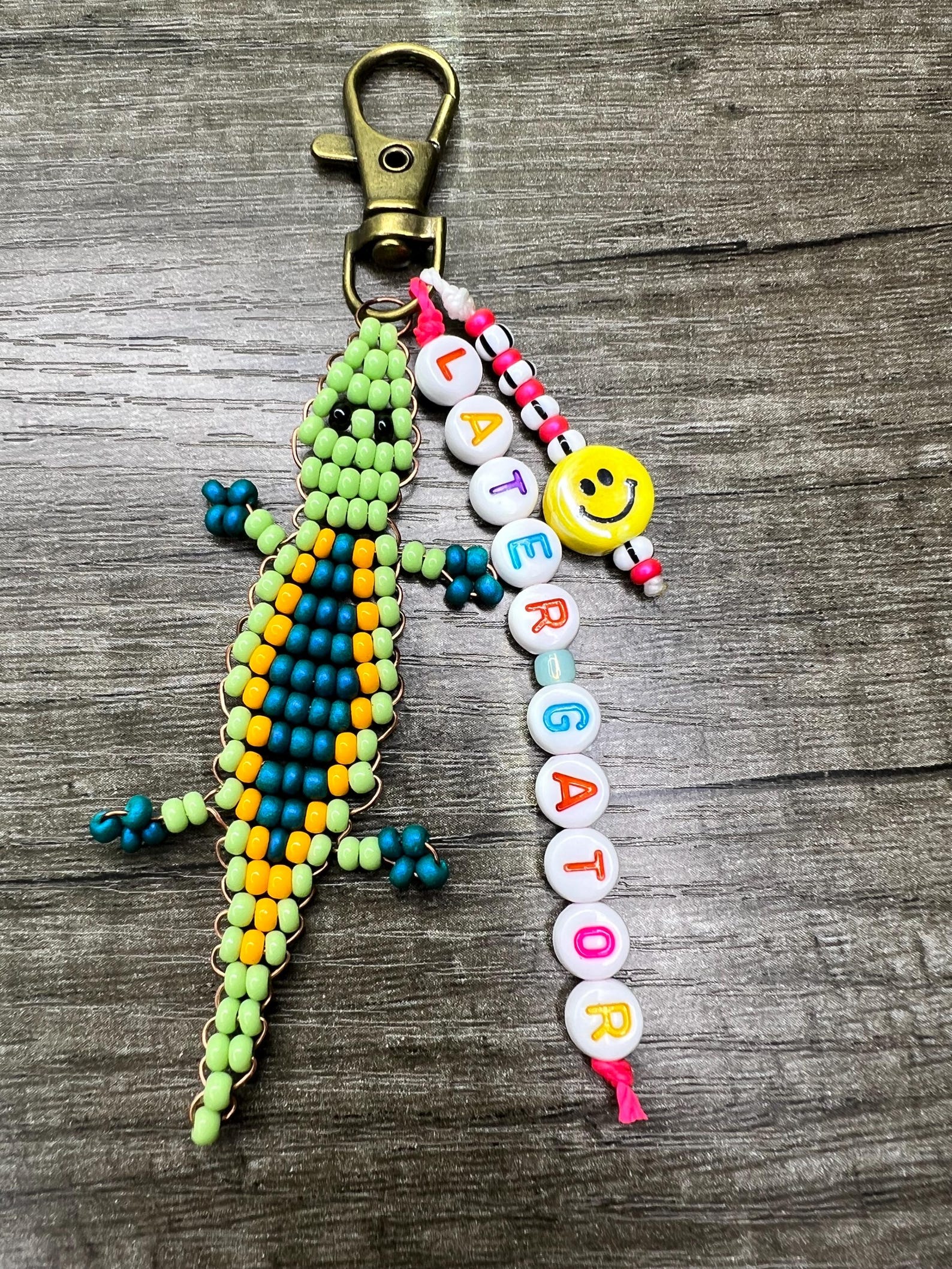 Beaded Alligator Keychain: 'later Gator' Bag Charm With Smiley Face - Etsy