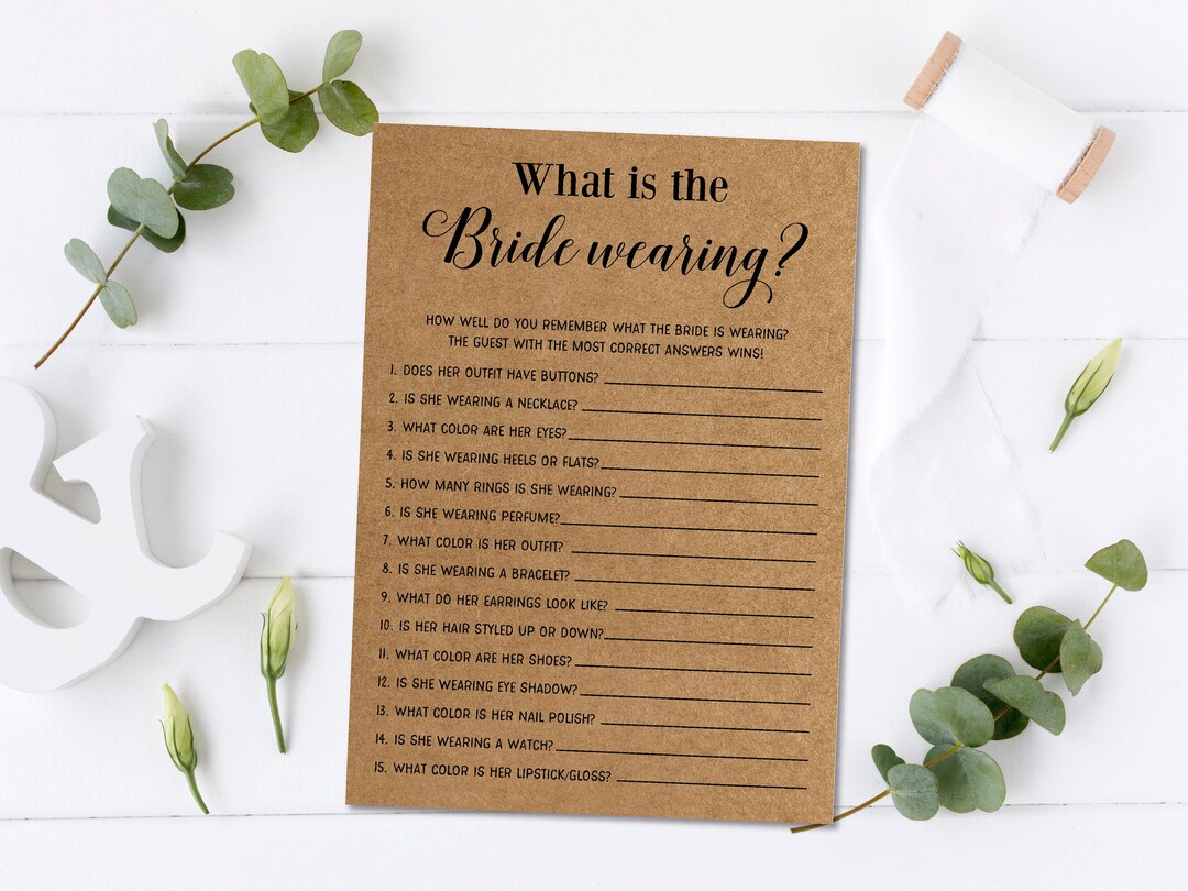 What is the Bride Wearing Printable Bridal Shower Games, Kraft Paper ...