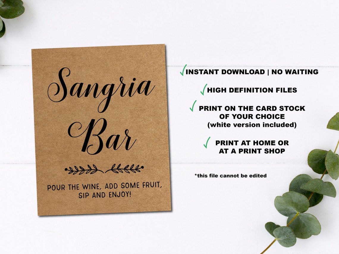 Sangria Bar Sign Printable Wedding Sign Bridal Shower Sign - Etsy