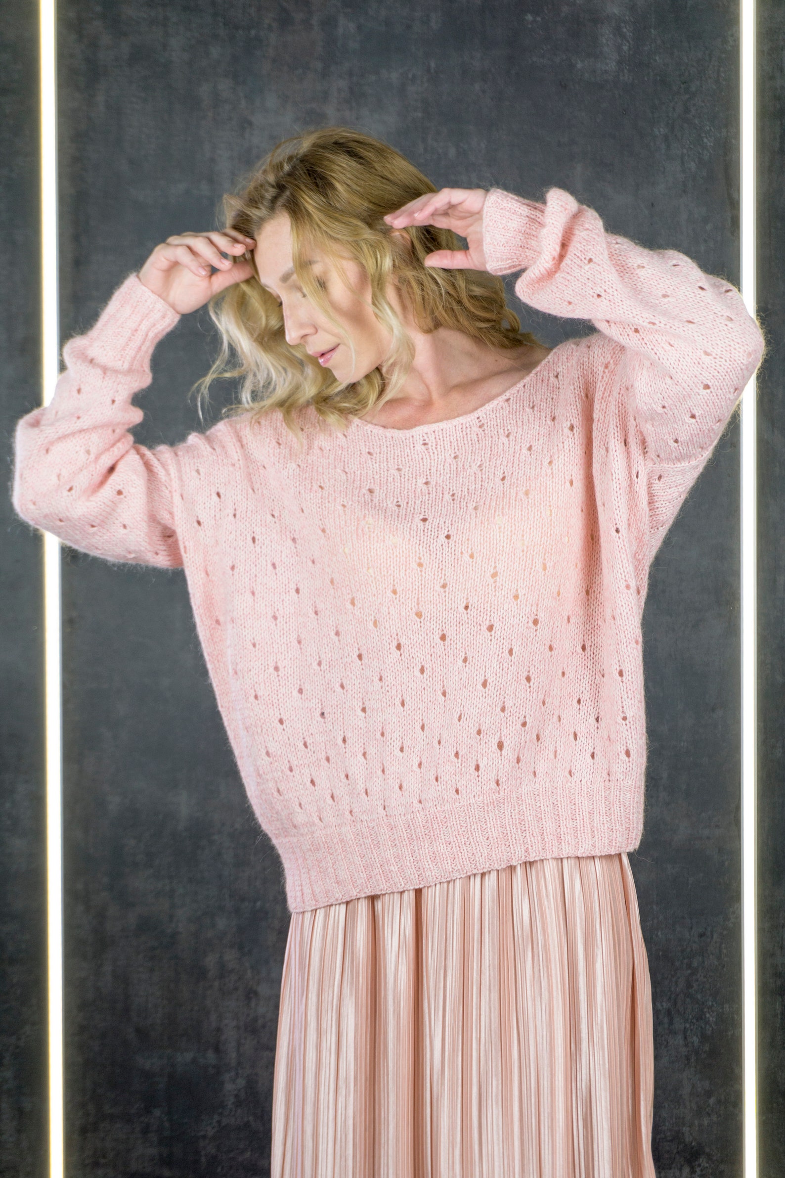Cozy Hand-knitted Merino Wool off the Shoulder Sweater: Fluffy Pink ...