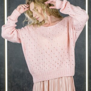 Cozy Hand-knitted Merino Wool off the Shoulder Sweater: Fluffy Pink ...