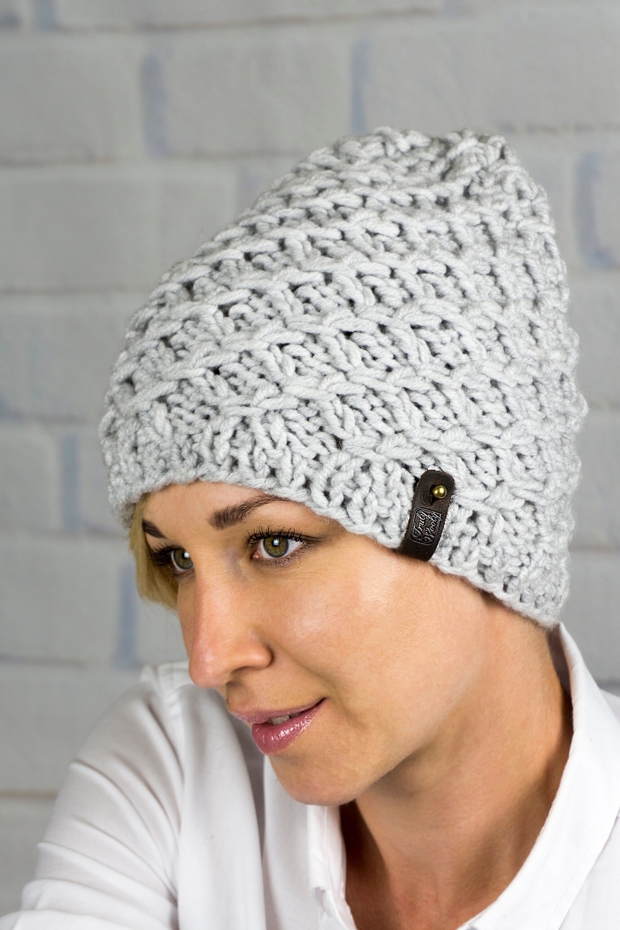 Knit Winter Chunky Light Grey Hat, Wool Warm Beanie, Hand Knitted Women ...