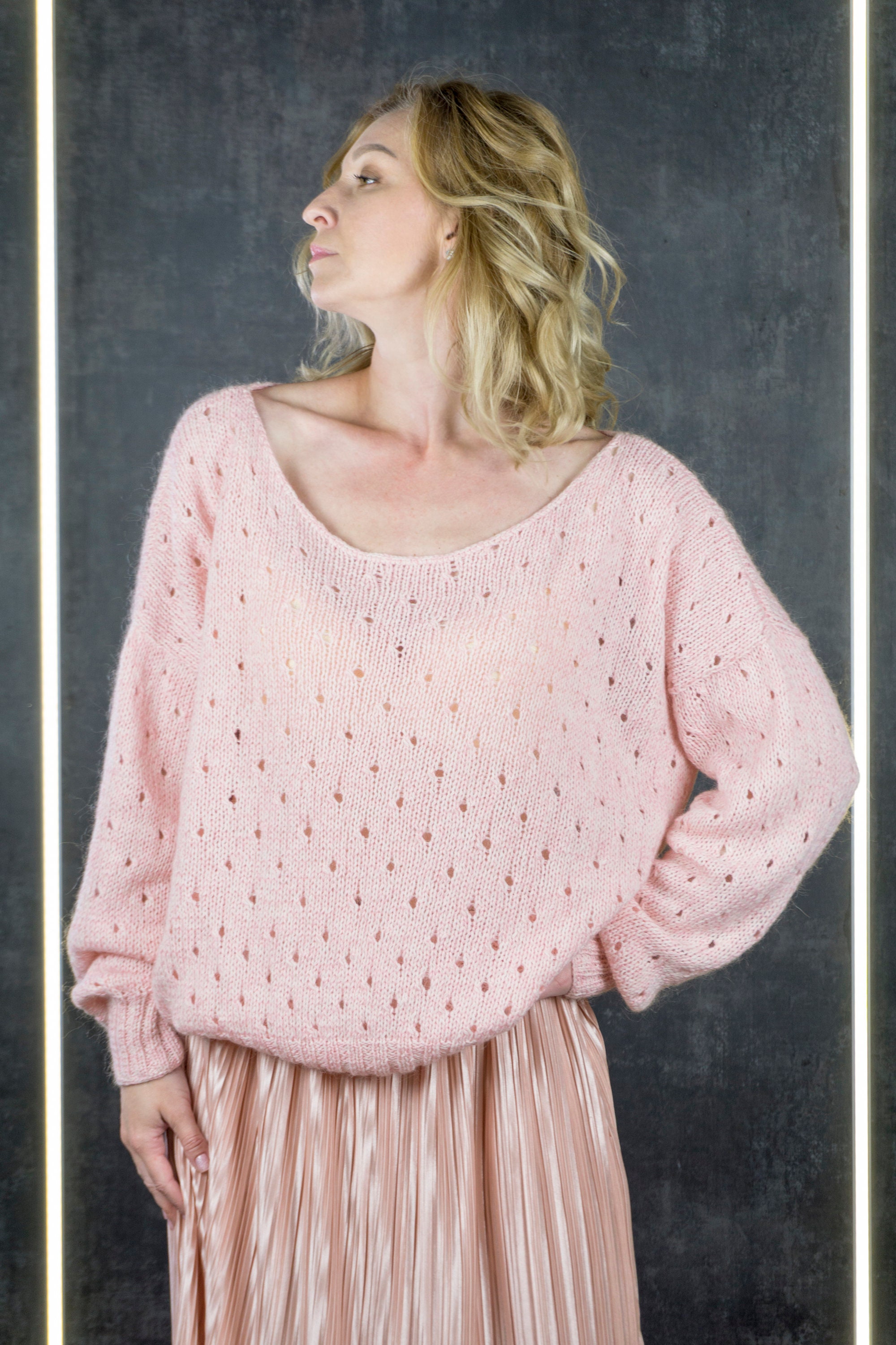 Cozy Hand-knitted Merino Wool off the Shoulder Sweater: Fluffy Pink ...