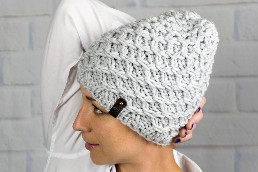 Knit Winter Chunky Light Grey Hat, Wool Warm Beanie, Hand Knitted Women ...