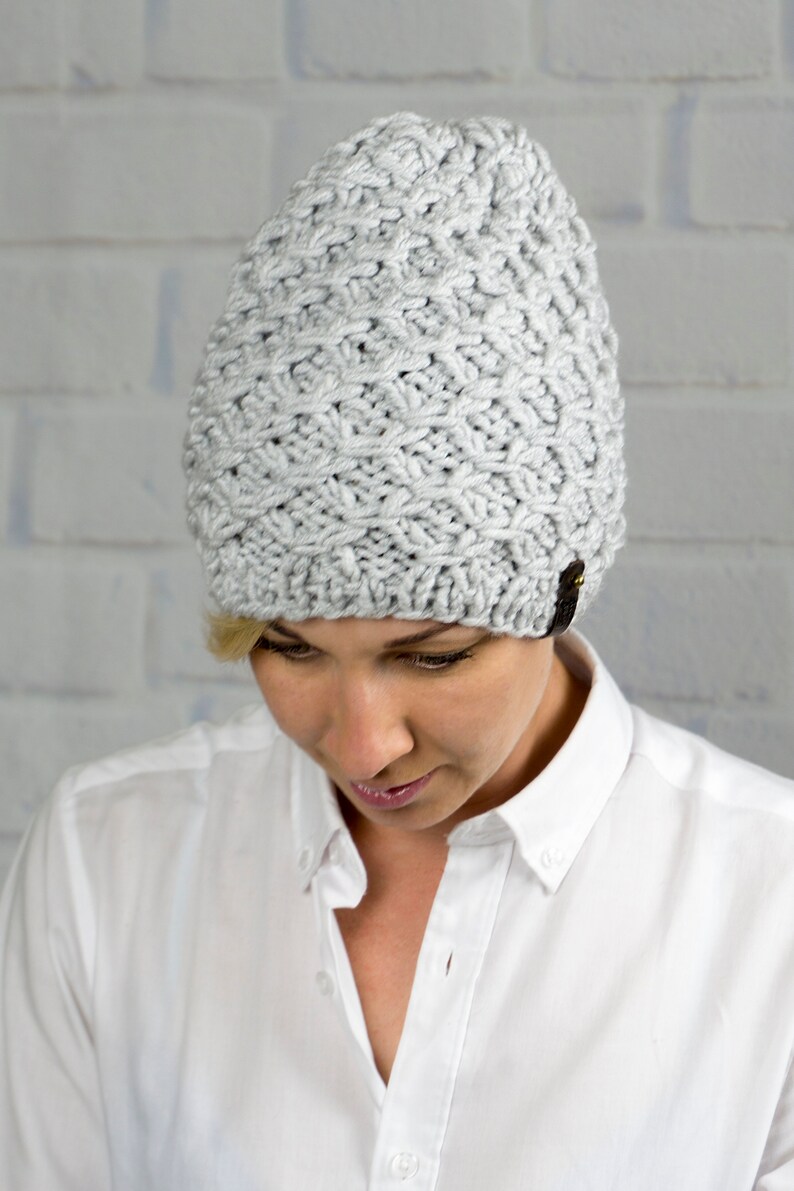 Knit Winter Chunky Light Grey Hat, Wool Warm Beanie, Hand Knitted Women ...