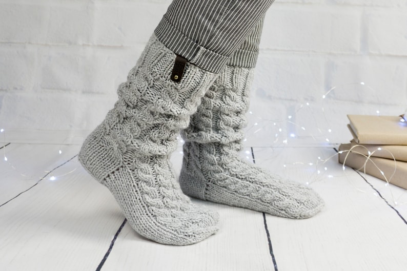 Knit Slipper Woman Cable Wool Sock Handmade Knitted Warm Home | Etsy