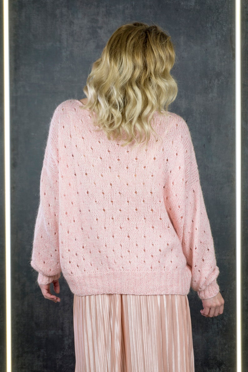 Cozy Hand-knitted Merino Wool off the Shoulder Sweater: Fluffy Pink ...