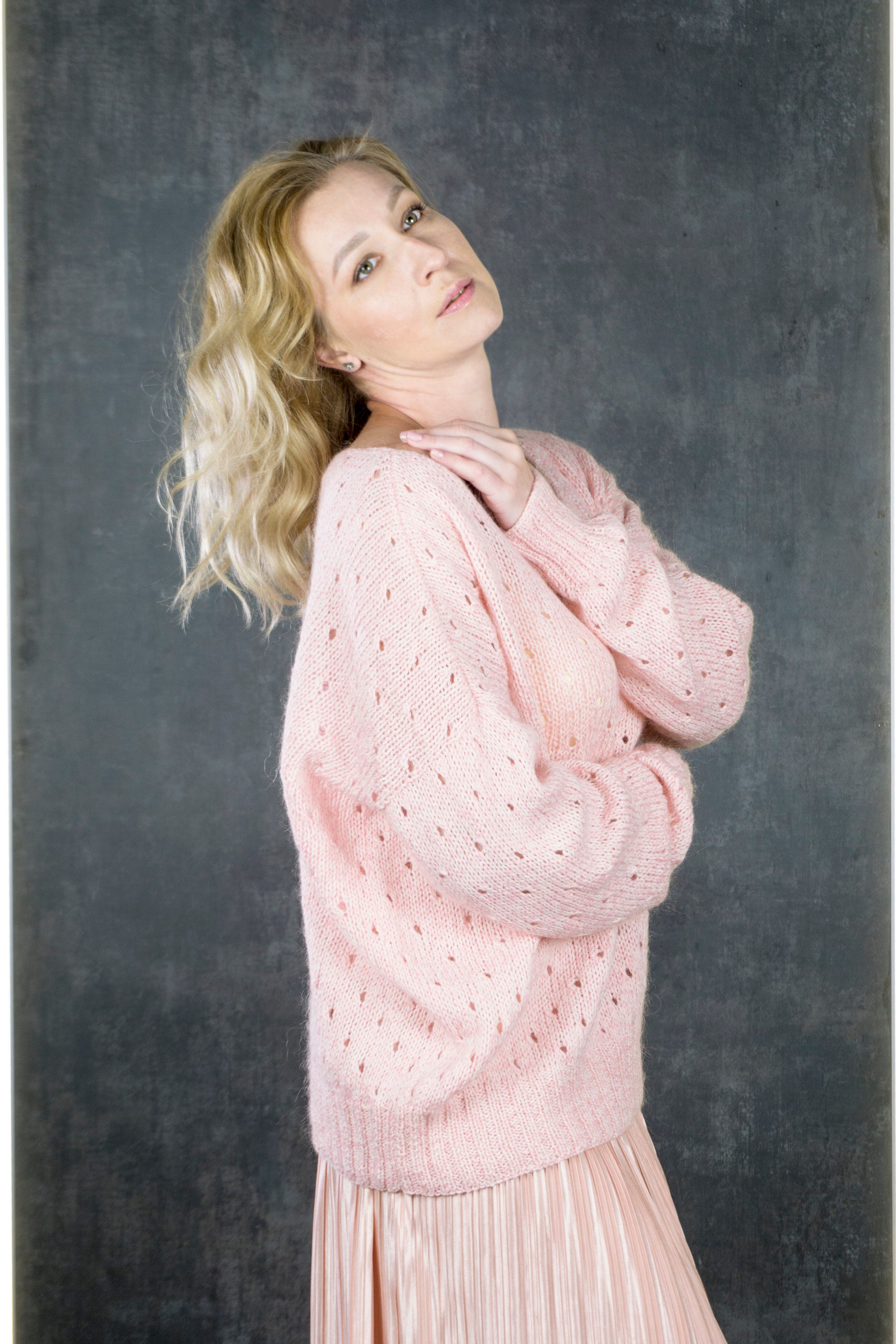 Cozy Hand-knitted Merino Wool off the Shoulder Sweater: Fluffy Pink ...