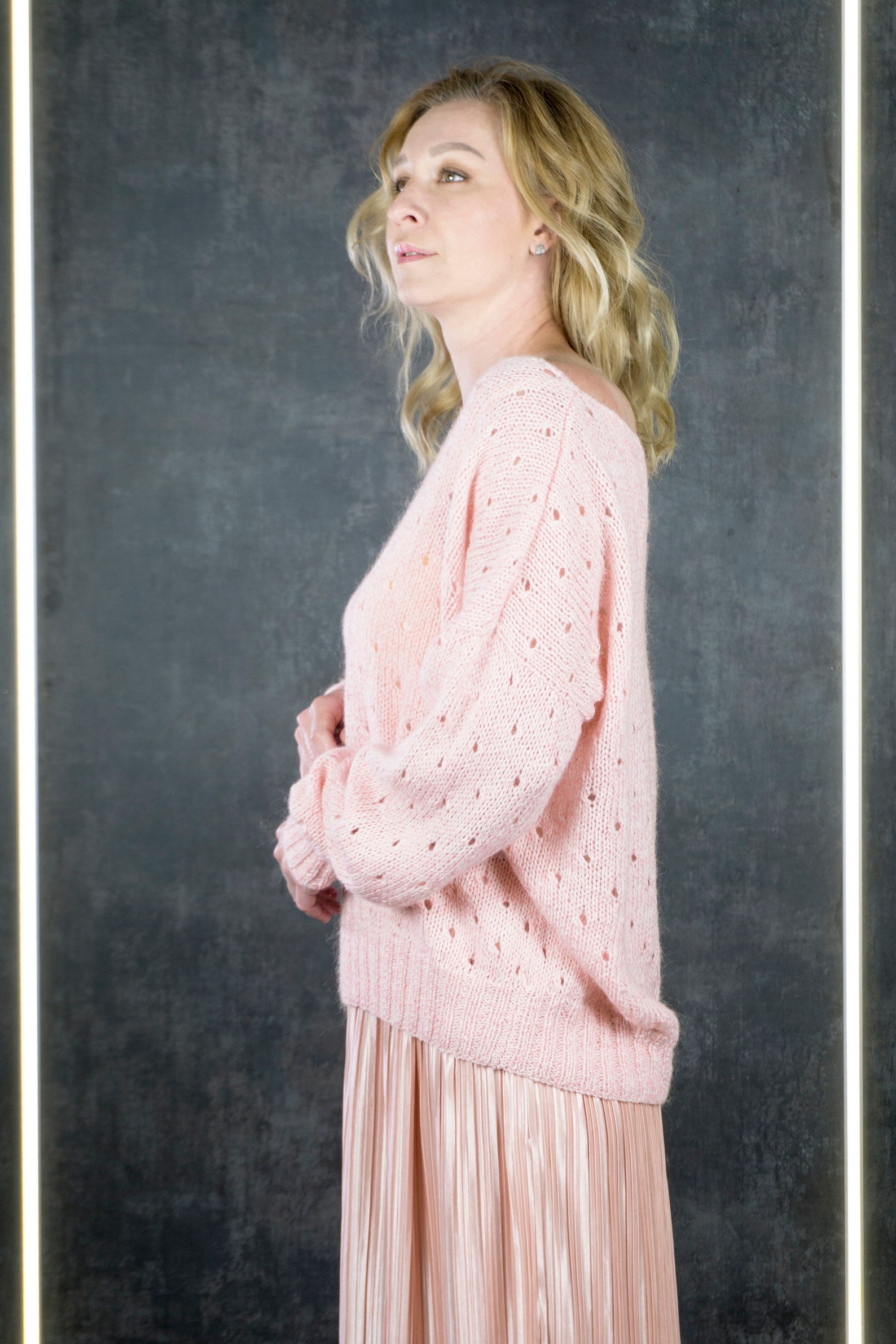 Cozy Hand-knitted Merino Wool off the Shoulder Sweater: Fluffy Pink ...