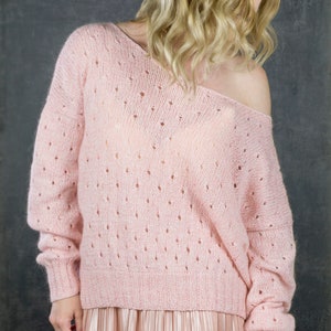 Cozy Hand-knitted Merino Wool off the Shoulder Sweater: Fluffy Pink ...