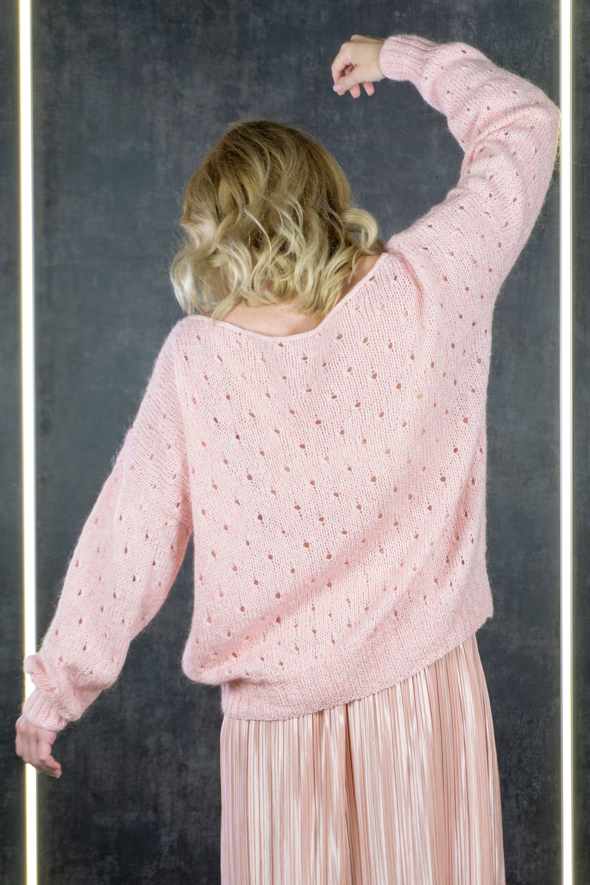 Cozy Hand-knitted Merino Wool off the Shoulder Sweater: Fluffy Pink ...