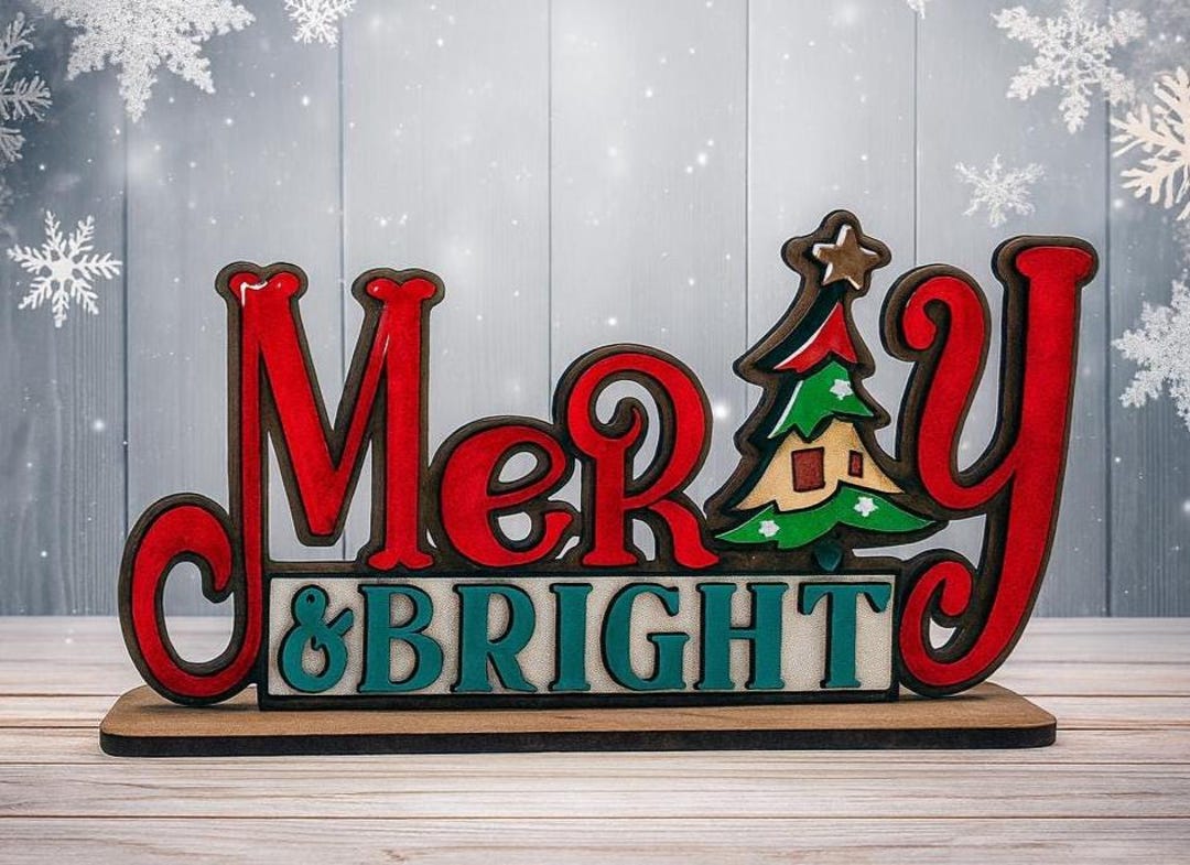 Merry & Bright Winter Sign SVG File: Laser Cut Shelf Sitter (digital ...