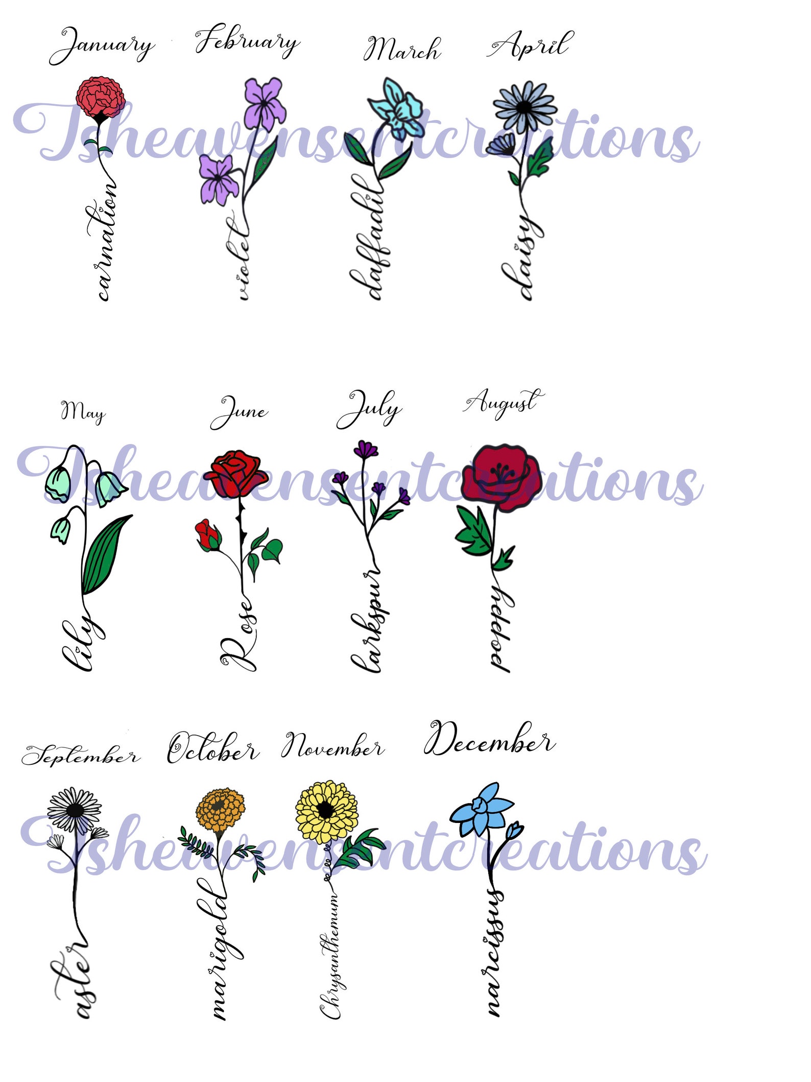 Birth Month Flowers Colored Png, Color Layered Svg, Grandmas Garden ...