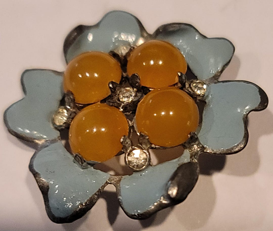 RARE Absolutely Gorgeous Enamel Flower Button With Yellowish Orange ...