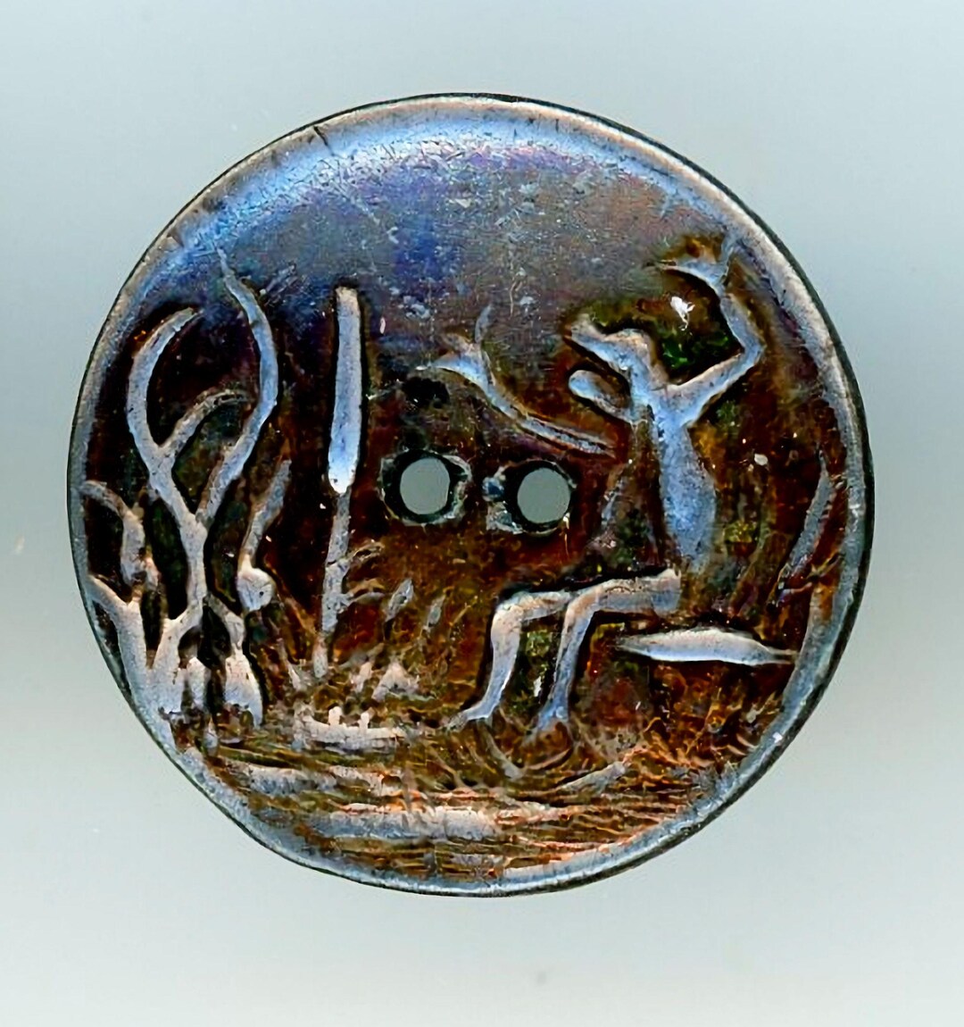 Antique Frog Seated in the Reeds One Piece White Metal Button Concave 2 ...