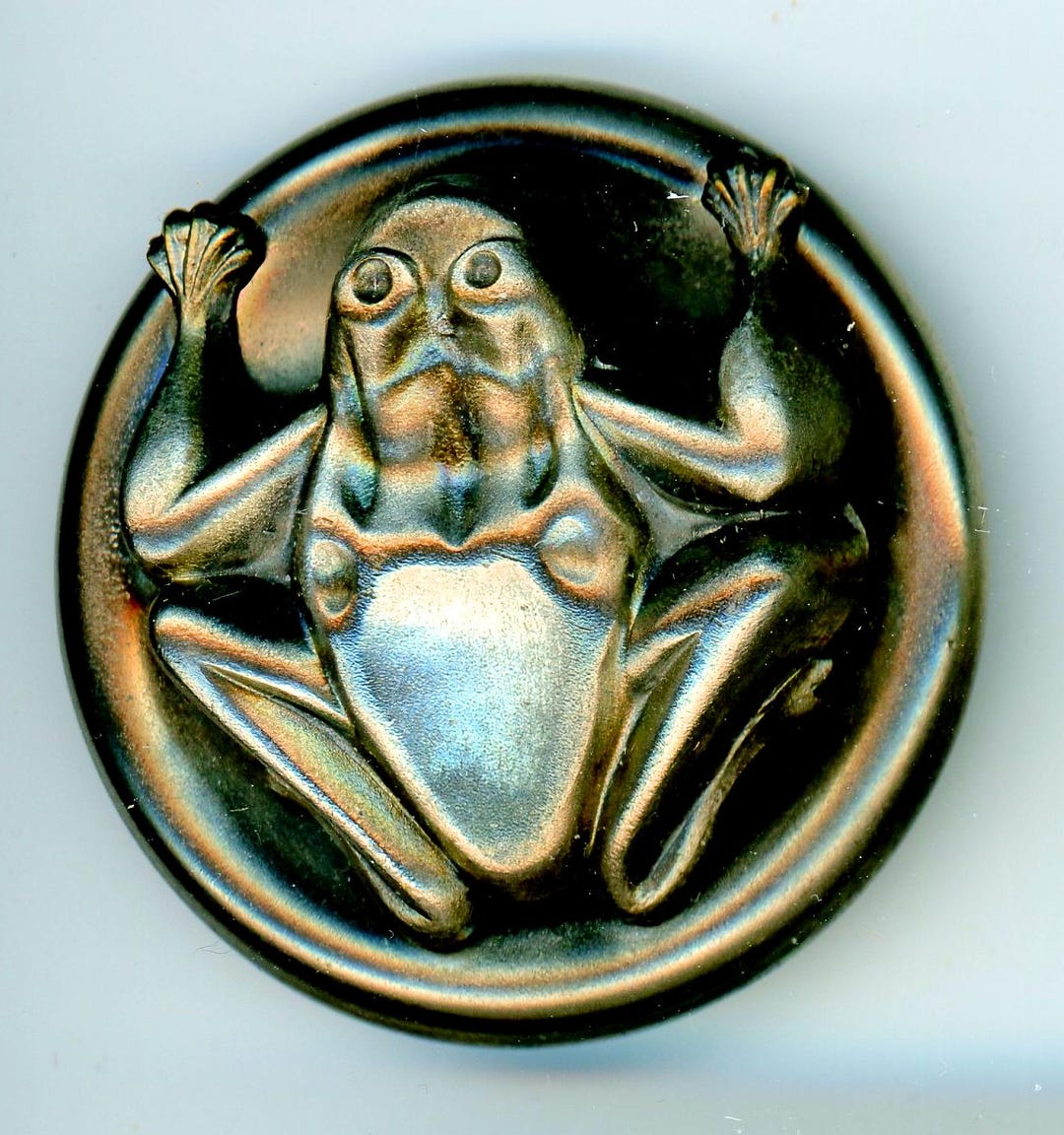 Spectacular Very High Relief FROG Button Escutcheon on White Metal Base ...