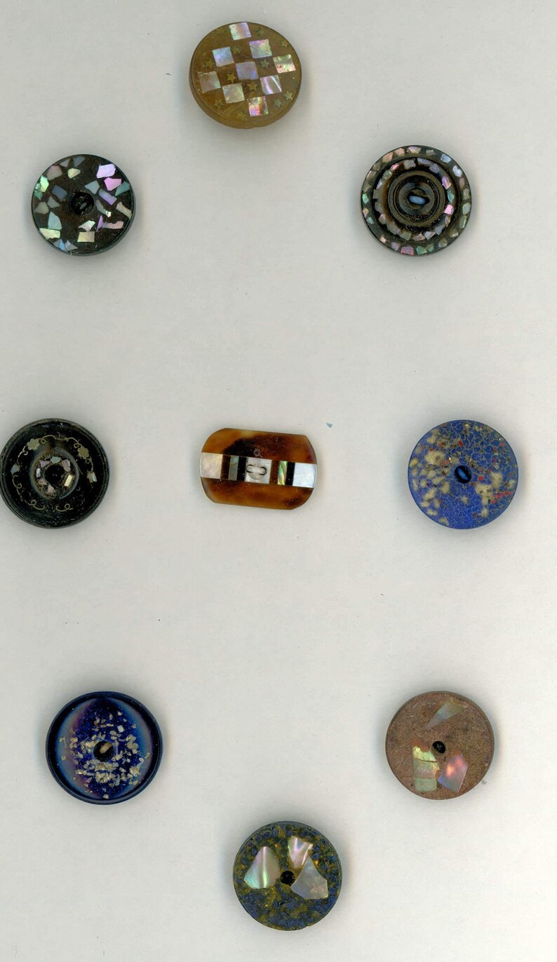 Special Card of 9 Inlay Buttons All Antique. Paper Mache, Composition ...