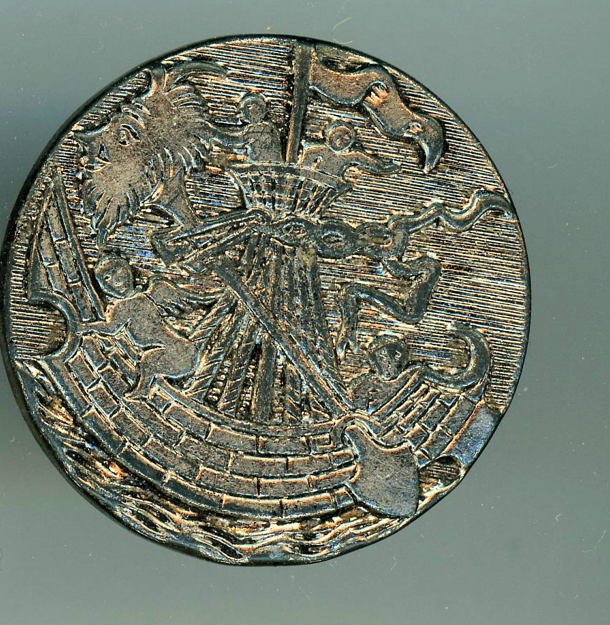 Antique Rare Large Ship of Devilment Button Pressed Tin Coated White ...