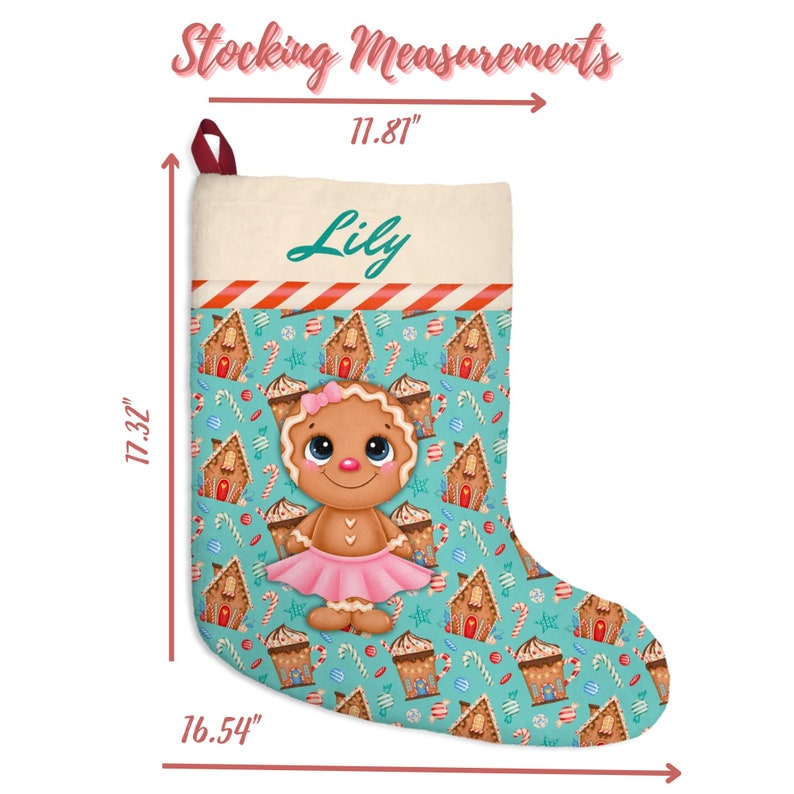 Personalized Large Fleece Gingerbread Stocking - Gingerbread House and Cocoa Mug on Turquoise ...