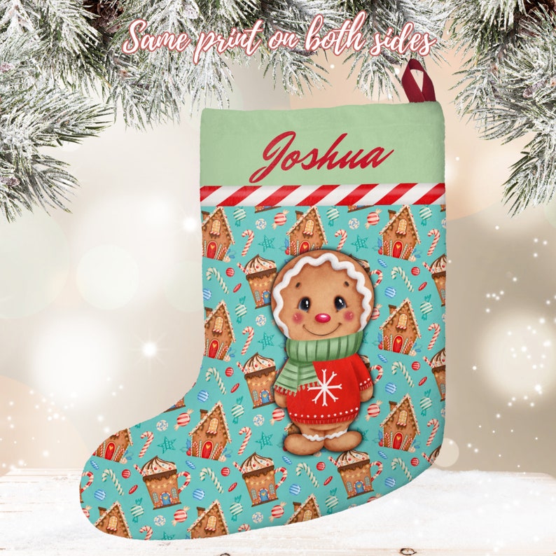 Personalized Large Fleece Gingerbread Stocking - Gingerbread House and Cocoa Mug on Turquoise ...