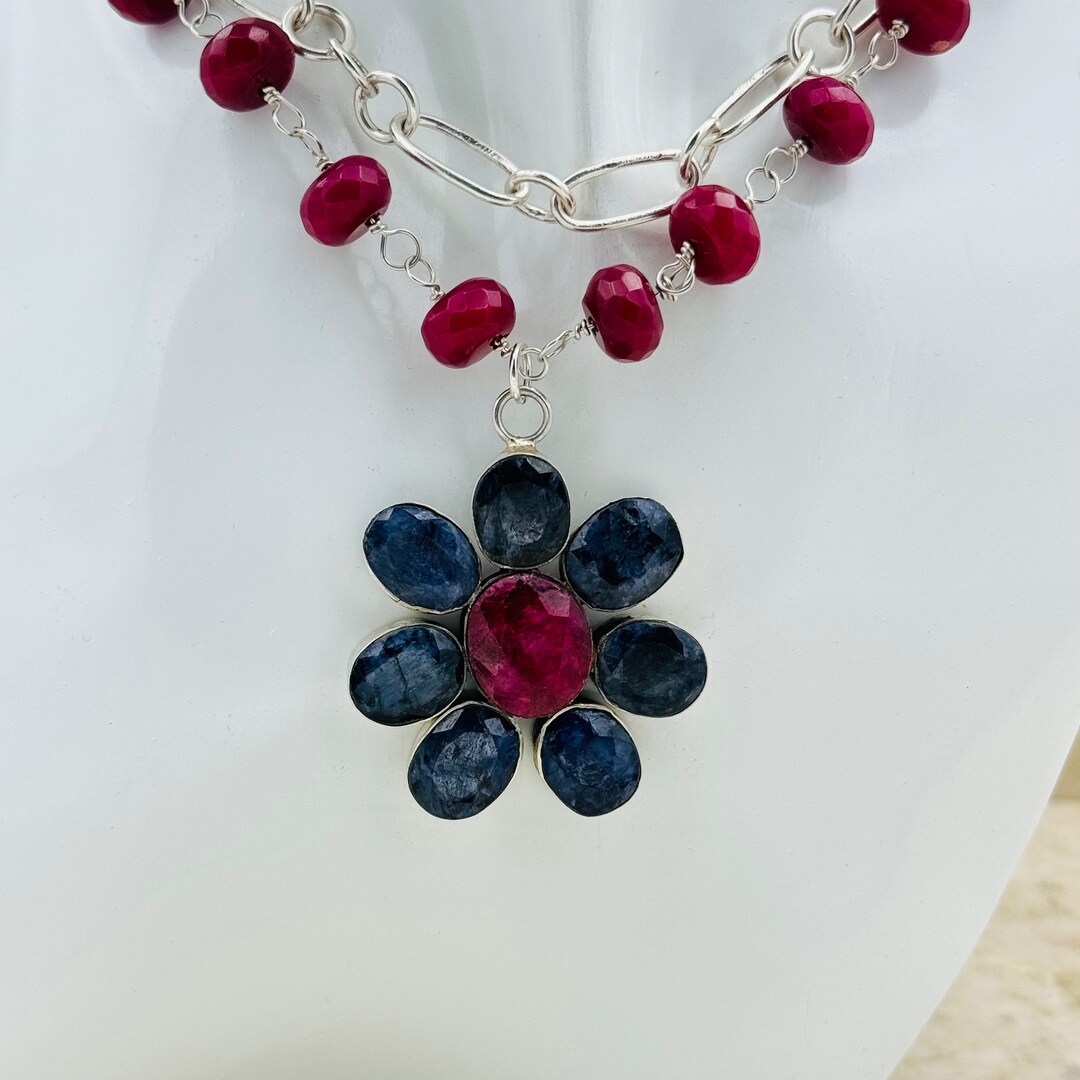 Sapphire and Ruby Necklace Double Stranded Necklace Sterling Silver ...