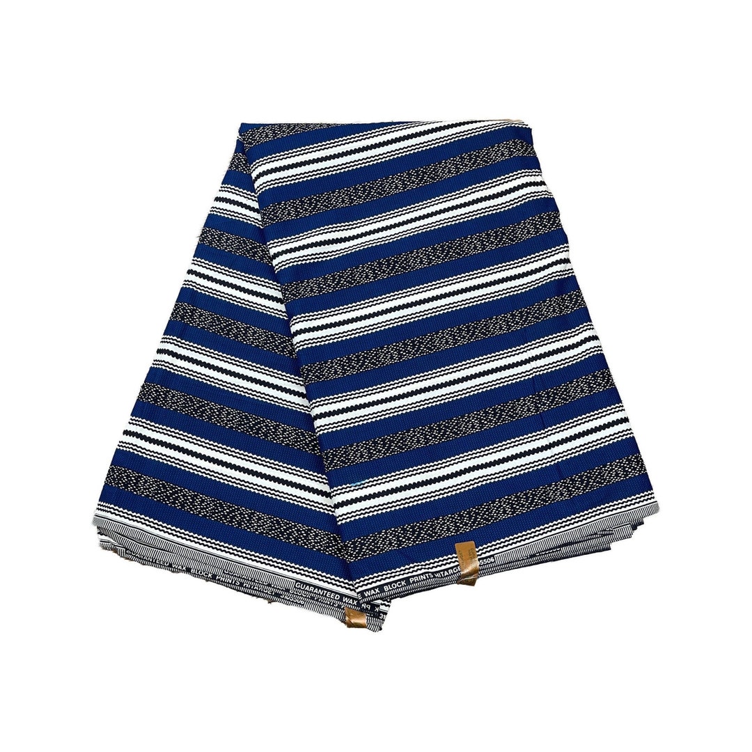 Striped African Print Wax Cotton Fabric Blue Black Cream Stripes Ankara ...