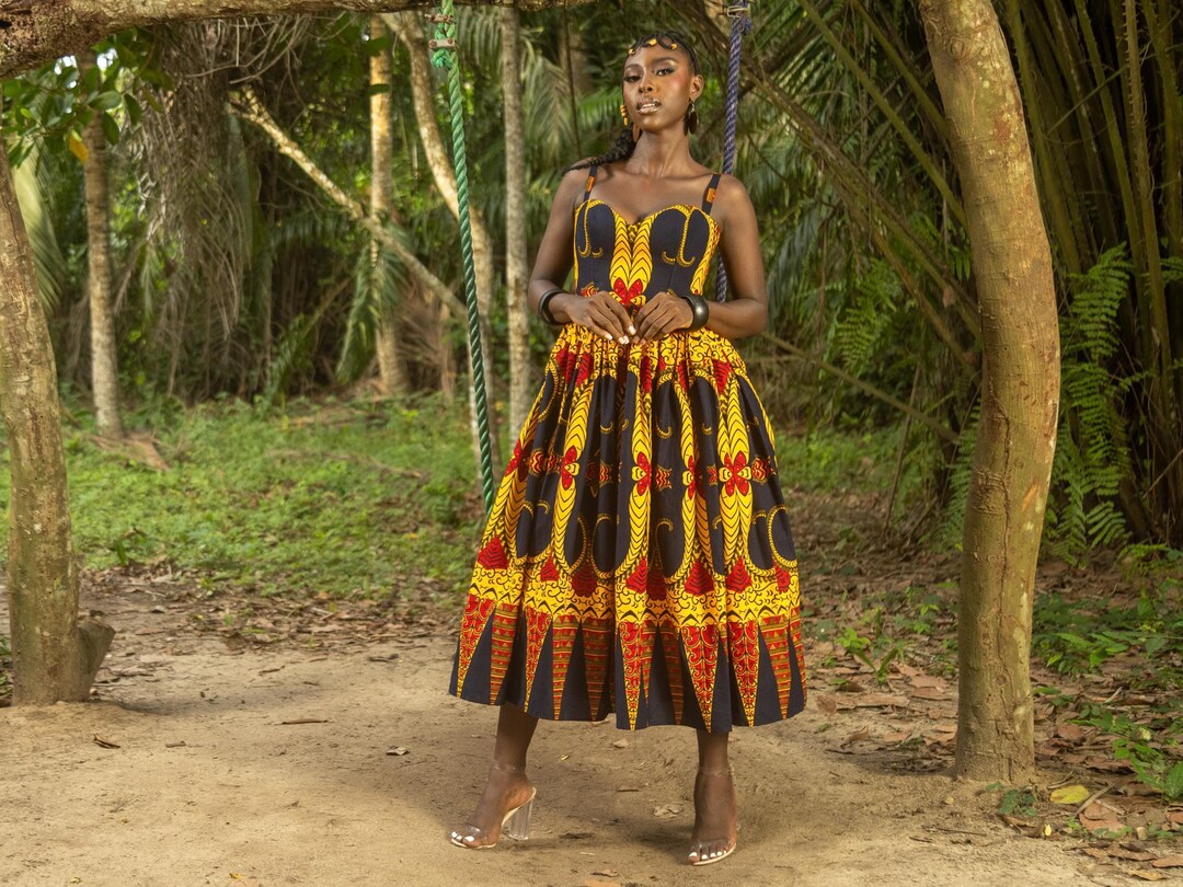 KENNA – Ankara African Print Gathered Midi Dress - Bold Print ...