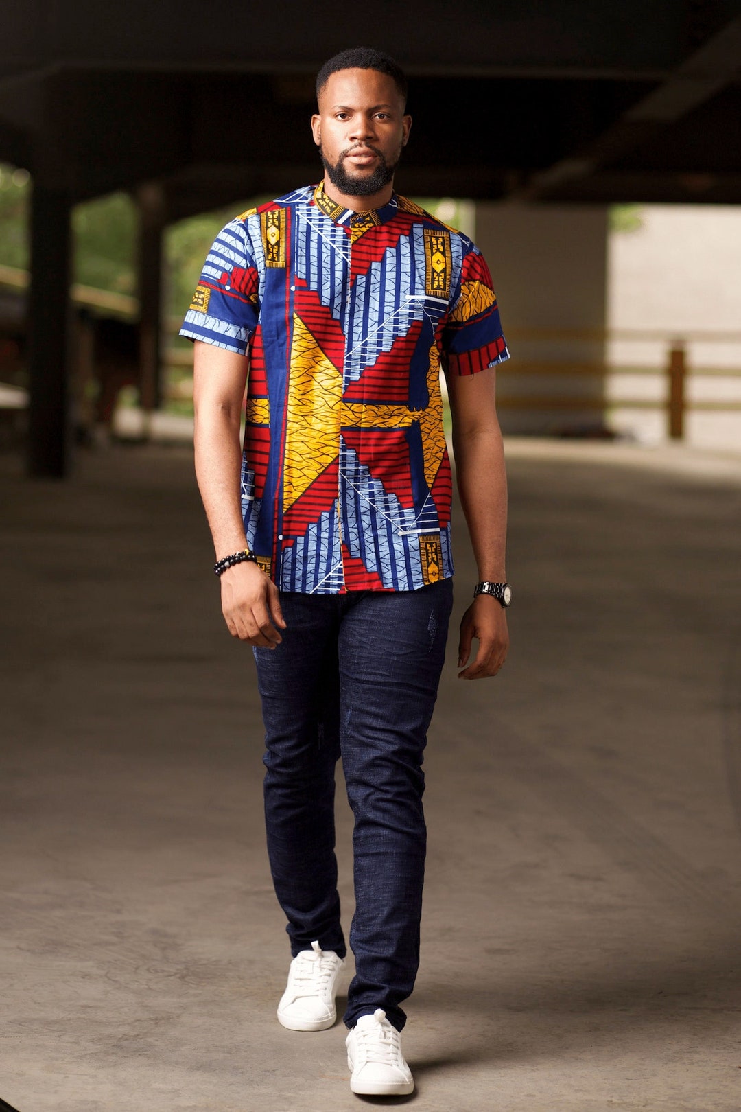 MUNA - Men’s African Shirt – Blue Ankara Print Shirt – Short Sleeve Wax ...