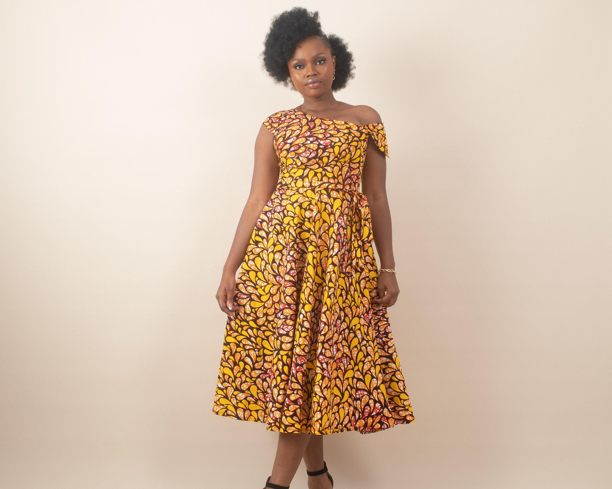 DARA African Print Off-shoulder Midi Dress in Yellow and Red - Elegant ...