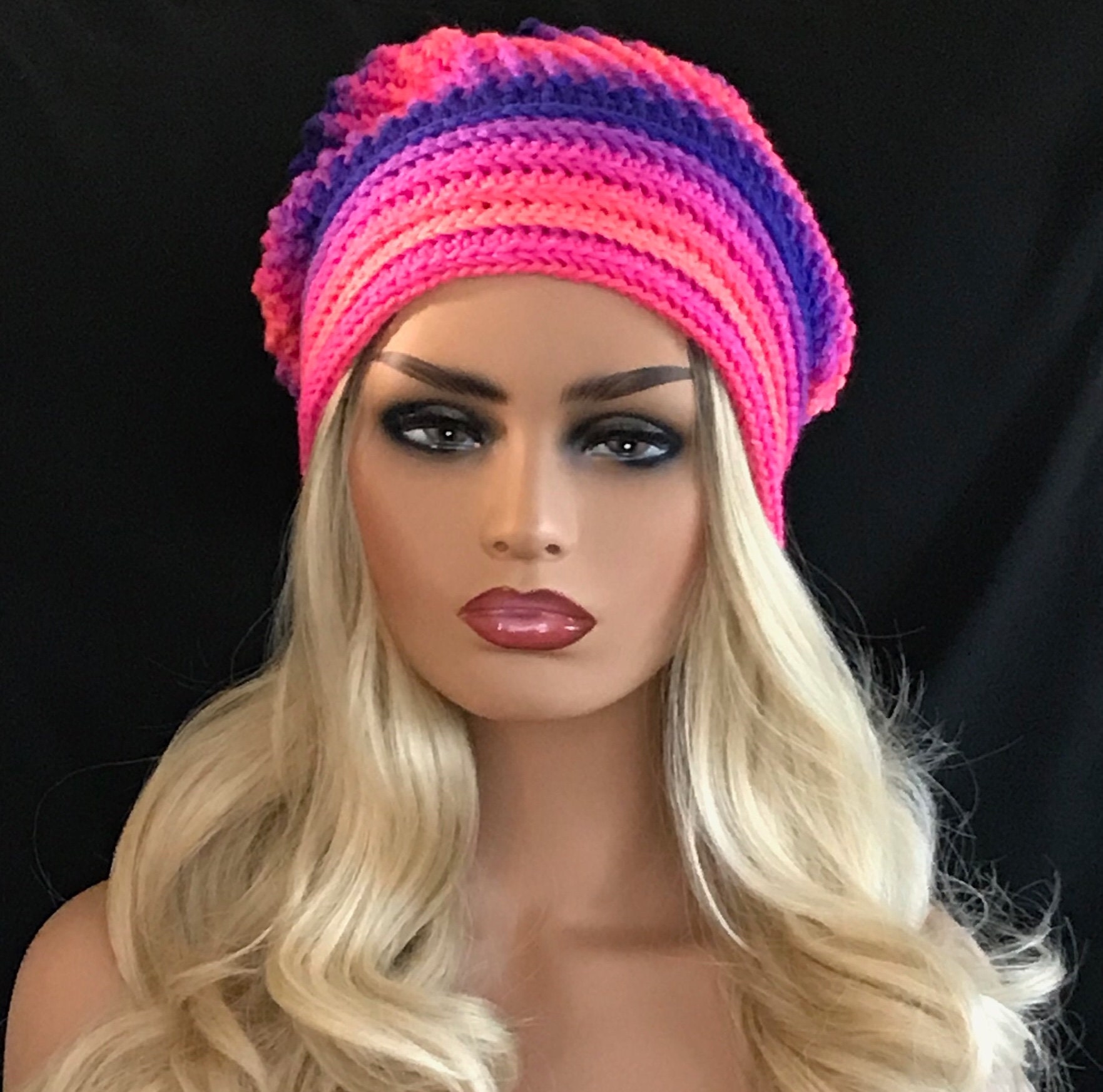 Crochet Slouch beanie ~ Neon Multi Color ~ ***Ready to Ship***